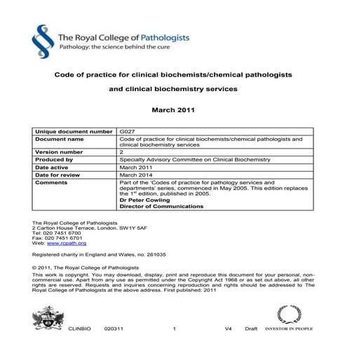 Code of practice for clinical biochemistry chemical pathologists | PDF