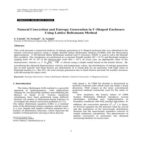 Natural Convection And Entropy Generation In Γ Shaped Enclosure Using Lattice Boltzmann Method