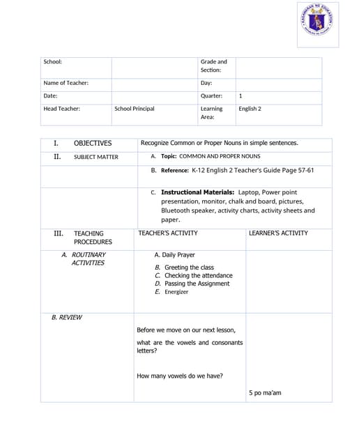 Proper Nouns and Common Nouns Detailed Lesson Plan | DOCX