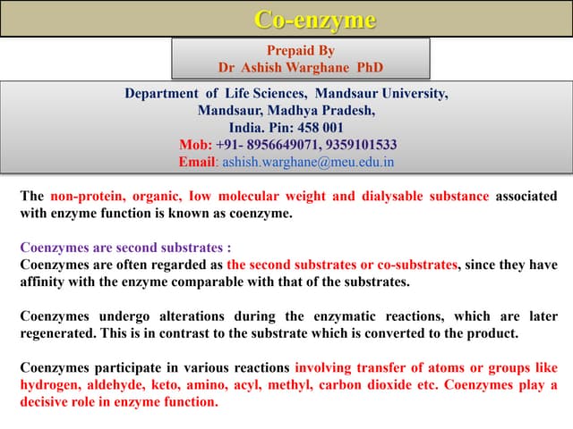 Definitions and types of coenzymes | PPTX
