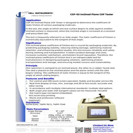 COF-03 Inclined Plane COF Tester for Static Friction Analysis PDF | PDF