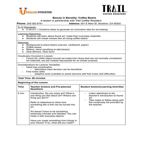 Coffee Beans Lesson Plan -Unbound Stockton | PDF