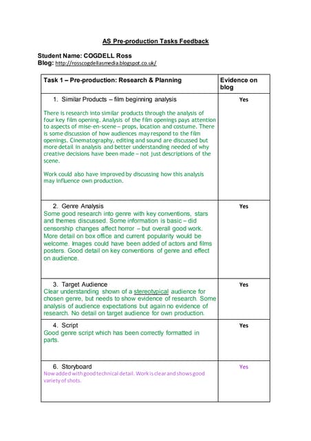 Pre-Production Tasks Feedback | PDF
