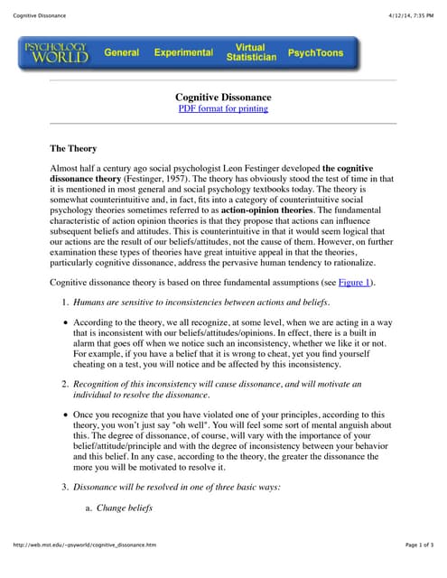 Cognitive Dissonance Theory | PDF