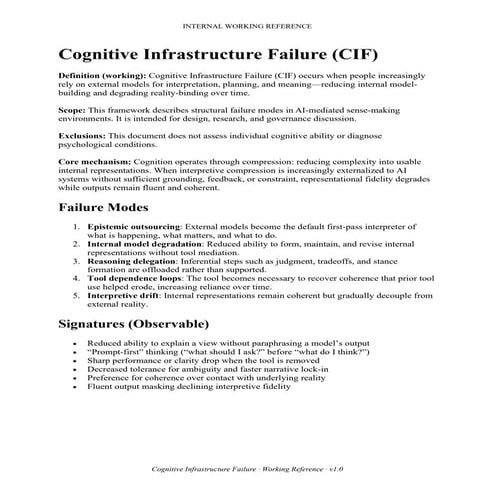 Cognitive Infrastructure Failure Framework for AI-Mediated Systems | PDF