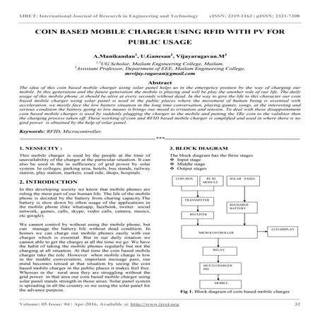 Coin based mobile charger using rfid with pv for public usage | PDF