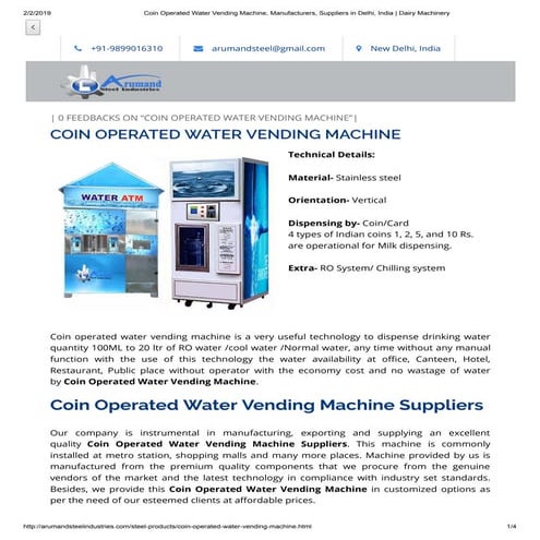 Coin Operated Water Vending Machine | PDF