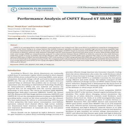 Crimson Publishers-Performance Analysis of CNFET Based 6T SRAM | PDF
