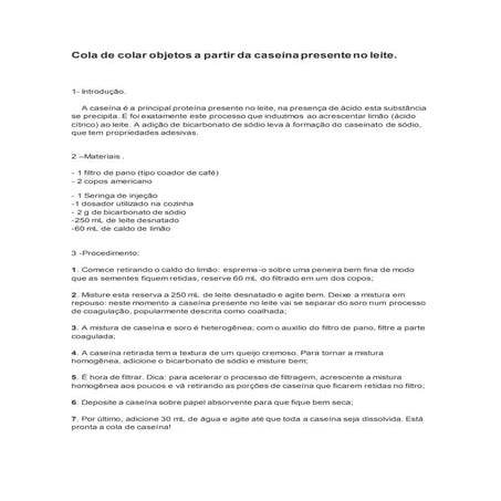 Cola de colar objetos a partir da caseína presente no leite | DOCX