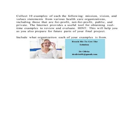Collect 10 examples of each the following mission, vision, and valu | DOCX