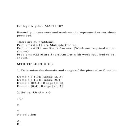 College Algebra MATH 107Record your answers and work on th.docx