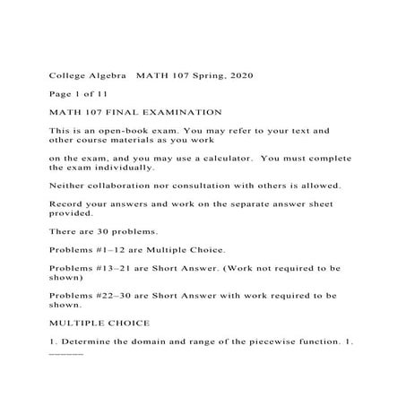 College Algebra MATH 107 Spring, 2020Page 1 of 11 MA.docx