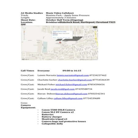 Location call sheet | DOCX