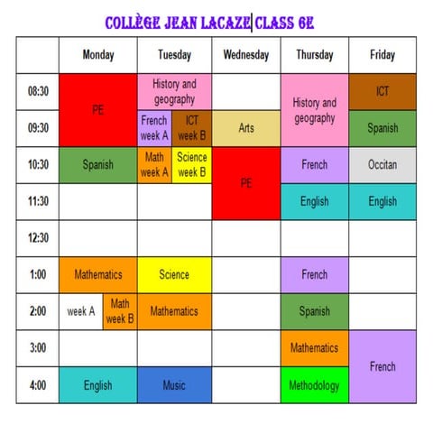 College Jean Lacaze Timetable: Class 6E | PPTX