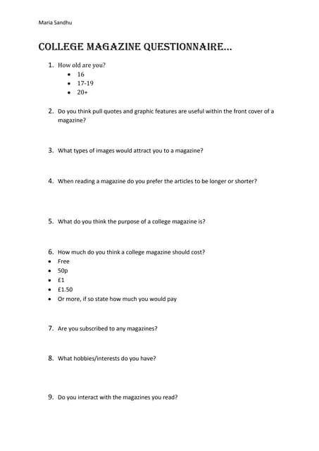 Student magazine questionnaire | DOCX