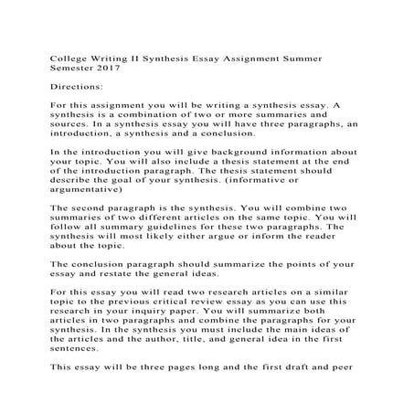 College Writing II Synthesis Essay Assignment Summer Semester 2017.docx