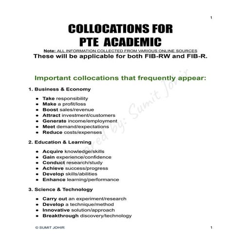 Collocations for PTE Academic 2025 | Prepared by Sumitjohir | PDF