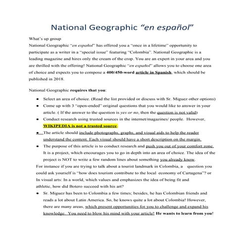 Colombia cultural connection- Spanish IV- Honors | PDF