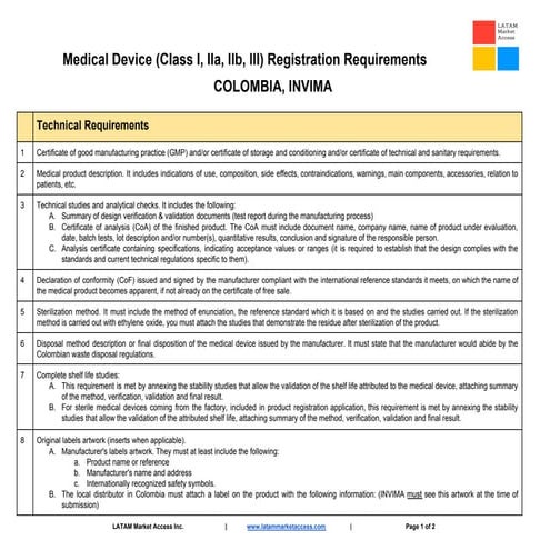 Colombia INVIMA medical device registration document requirements | PDF