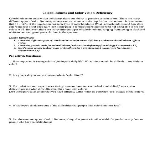 Color blindness activity | PDF | Eye and Vision Conditions | Diseases ...