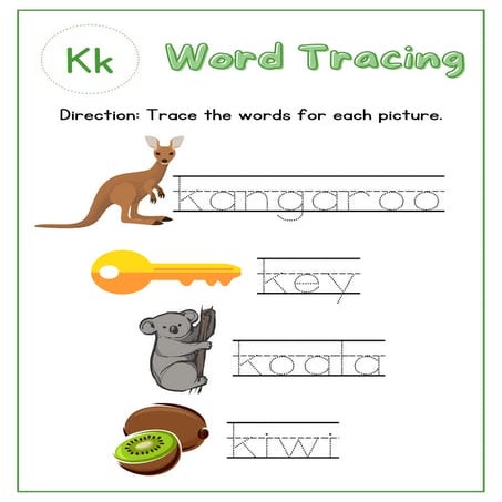 Colorful Illustrative K to T Word Tracing Worksheet - Activity Sheets | PDF