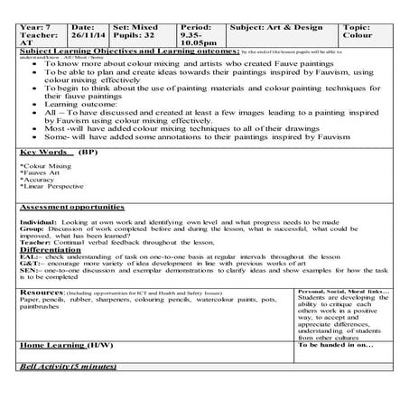 Colour Mixing Lesson Plan-Secondary Education | DOCX | Painting | Arts ...