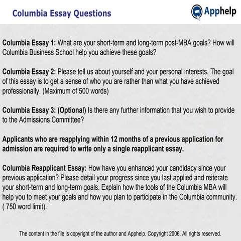 Columbia essay questions | PPT