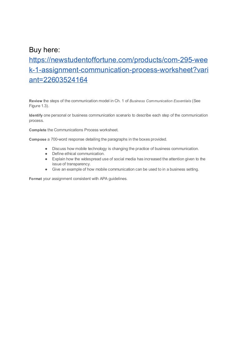 COM 295 Week 1 Assignment Communication Process Worksheet