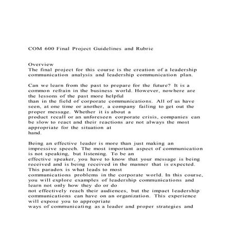 COM 600 Final Project Guidelines and Rubric Overview | DOCX