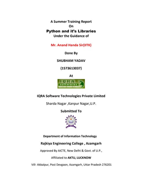 Summer Training Report On Python Pdf Programming Languages Computing