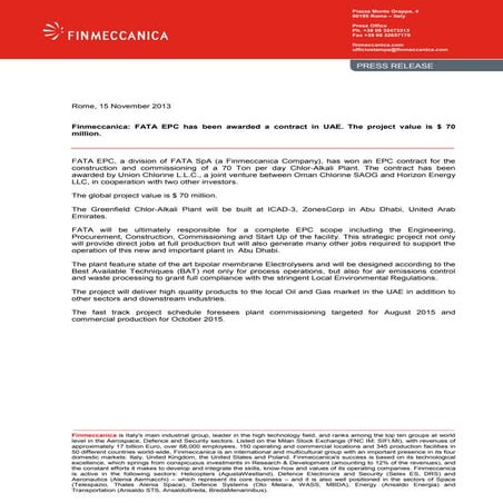 Finmeccanica: FATA EPC has been awarded a contract in UAE | PDF
