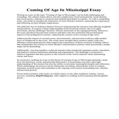 Coming Of Age In Mississippi Essay. R.E.A.D Coming of Age in ...