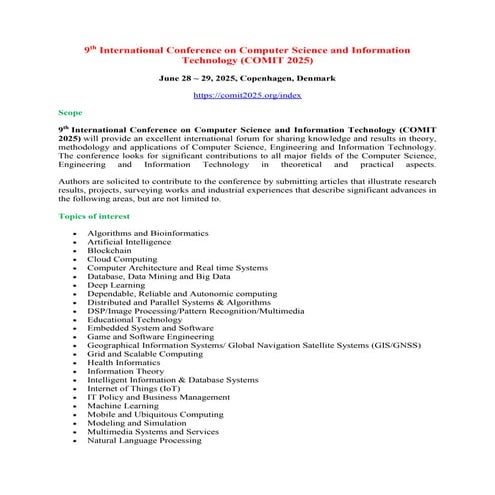CFP : 9 th International Conference on Computer Science and Information Technology (COMIT 2025 ...