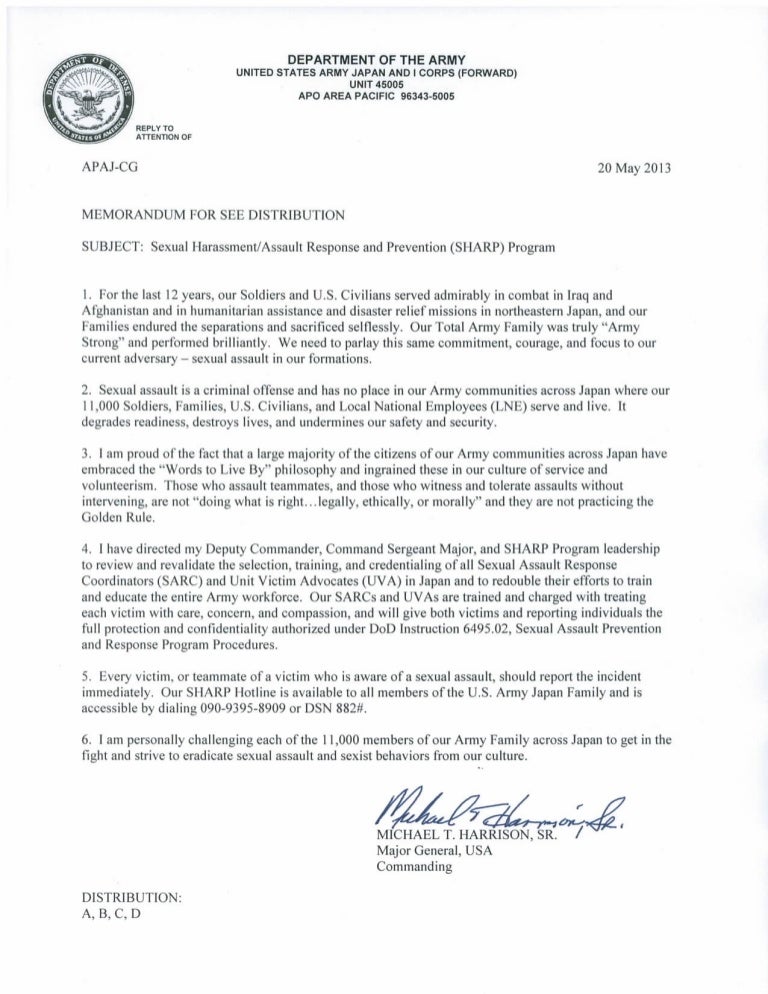 U.S. Army Japan Commanding General's SHARP memorandum