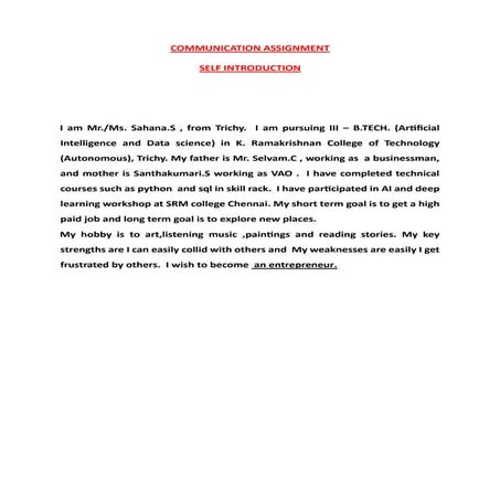 Communication assignment - self introduction | PDF