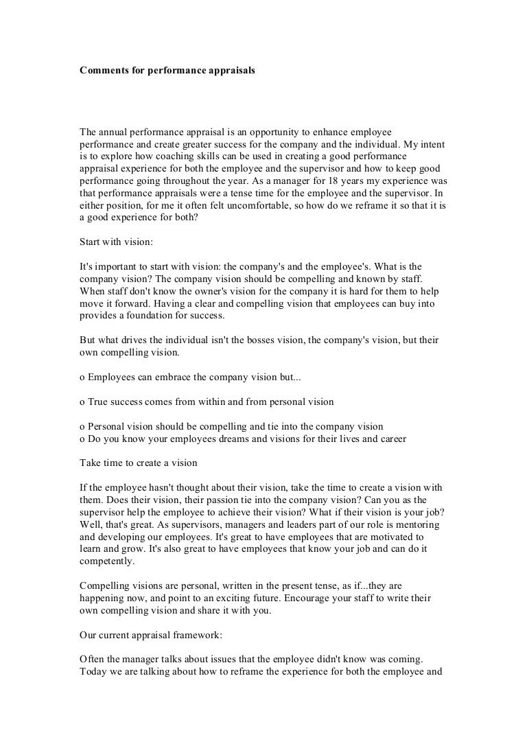 Comments for performance appraisals
