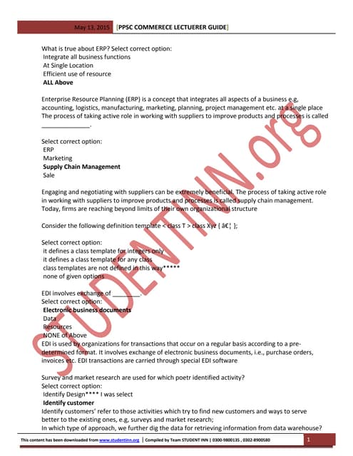 Commerce Mcqs For Ppsc Test Preparation Pdf
