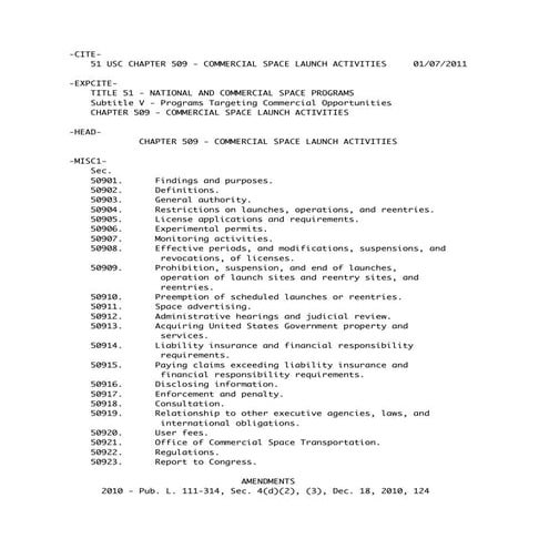 Commercial Space Launch Act, 51 U.S.C. Ch. 509, §§ 50901-21 (2011) | PDF