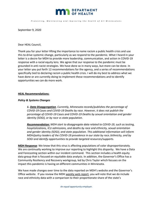 HEAL Letter to Commissioner Malcolm 2020 | PDF