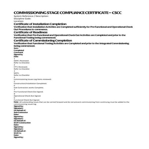 Commissioning stage compliance certificate | DOC