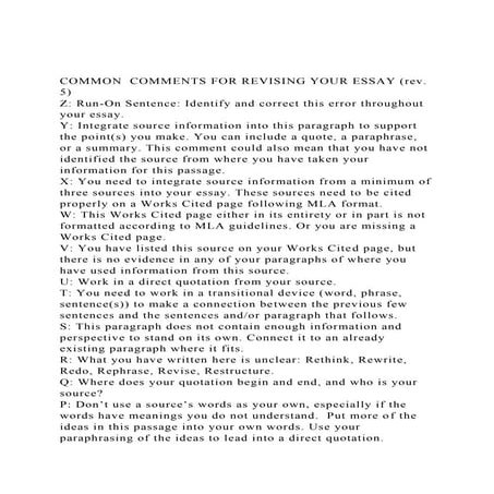 COMMON COMMENTS FOR REVISING YOUR ESSAY (rev. 5)Z Run-On Sen.docx