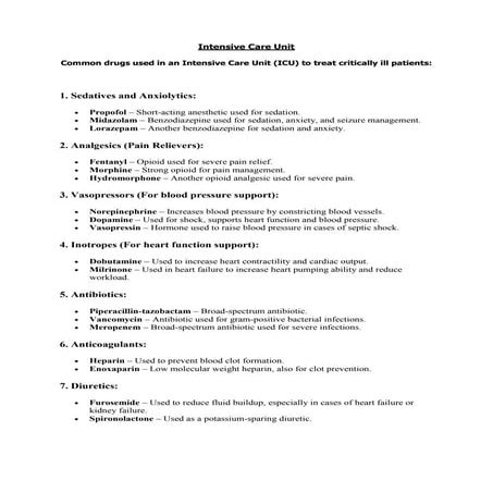 Common drugs used in an Intensive Care Unit (ICU) to treat critically ...