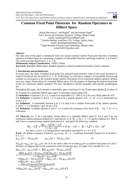Common Fixed Point Theorems For Random Operators In Hilbert Space Pdf