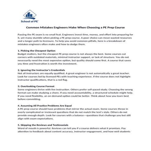 Common Mistakes Engineers Make When Choosing a PE Prep Course. | PDF