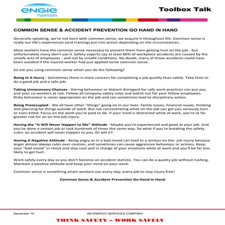 Toolbox Talk | Common sense | PDF | Death, Injury, or Military Conflict ...