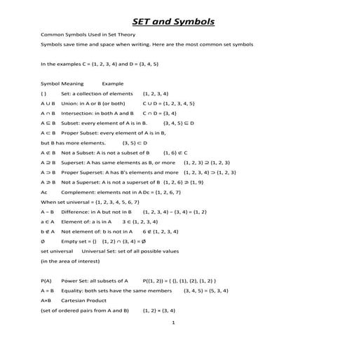 Common Symbols Used In Set Theory | Pdf