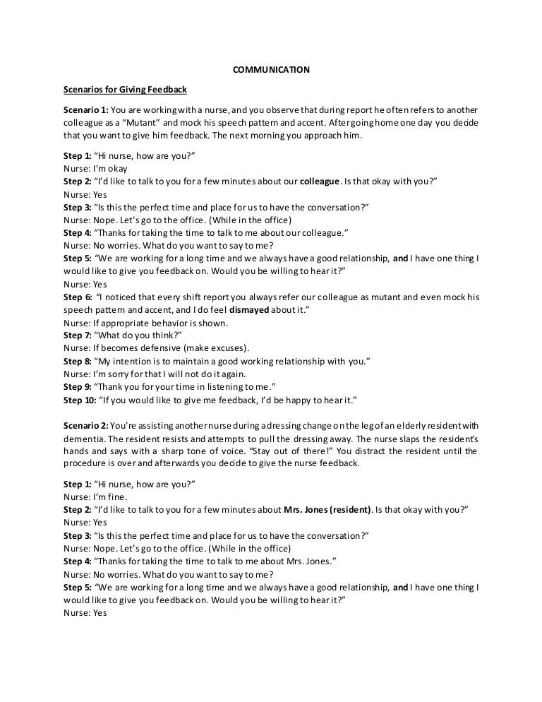 Communication giving and receiving feedback scenarios