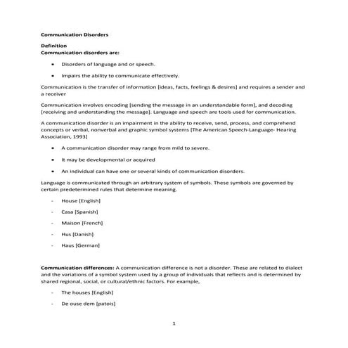 Communication disorders notes for students 2014 | DOC