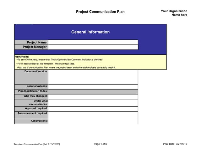 Communications Plan Template Excel
