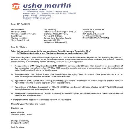 Intimation of change in the composition of Board of Usha Martin ...